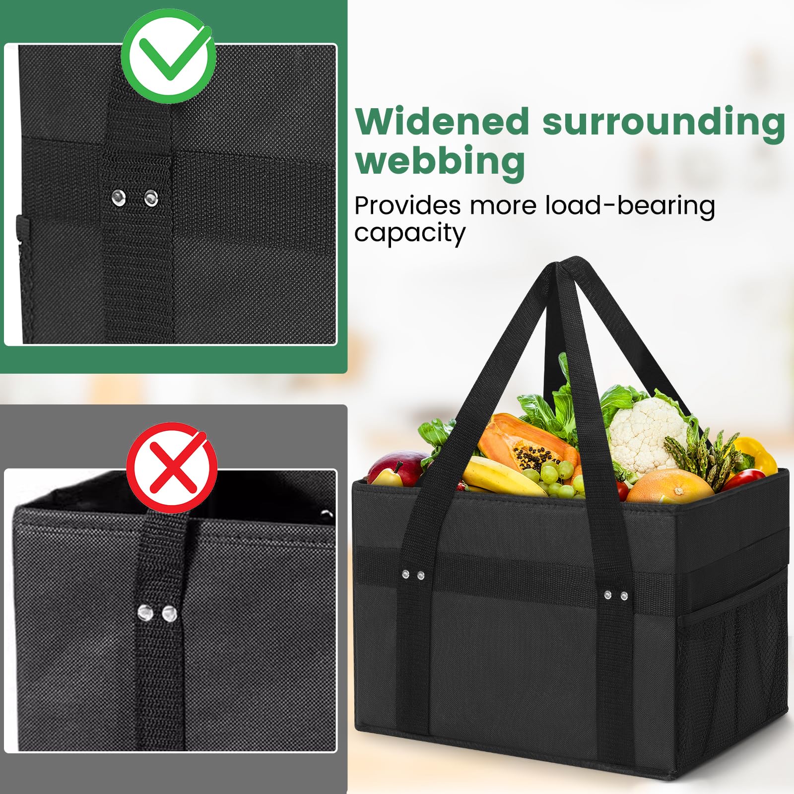 Carbrea Reusable Grocery Bags - 3 Pack Foldable Shopping Bags with 2 Side Mesh Pockets Utility Tote Bag with Widened Webbing for Groceries Storage Shopping Picnic - Black