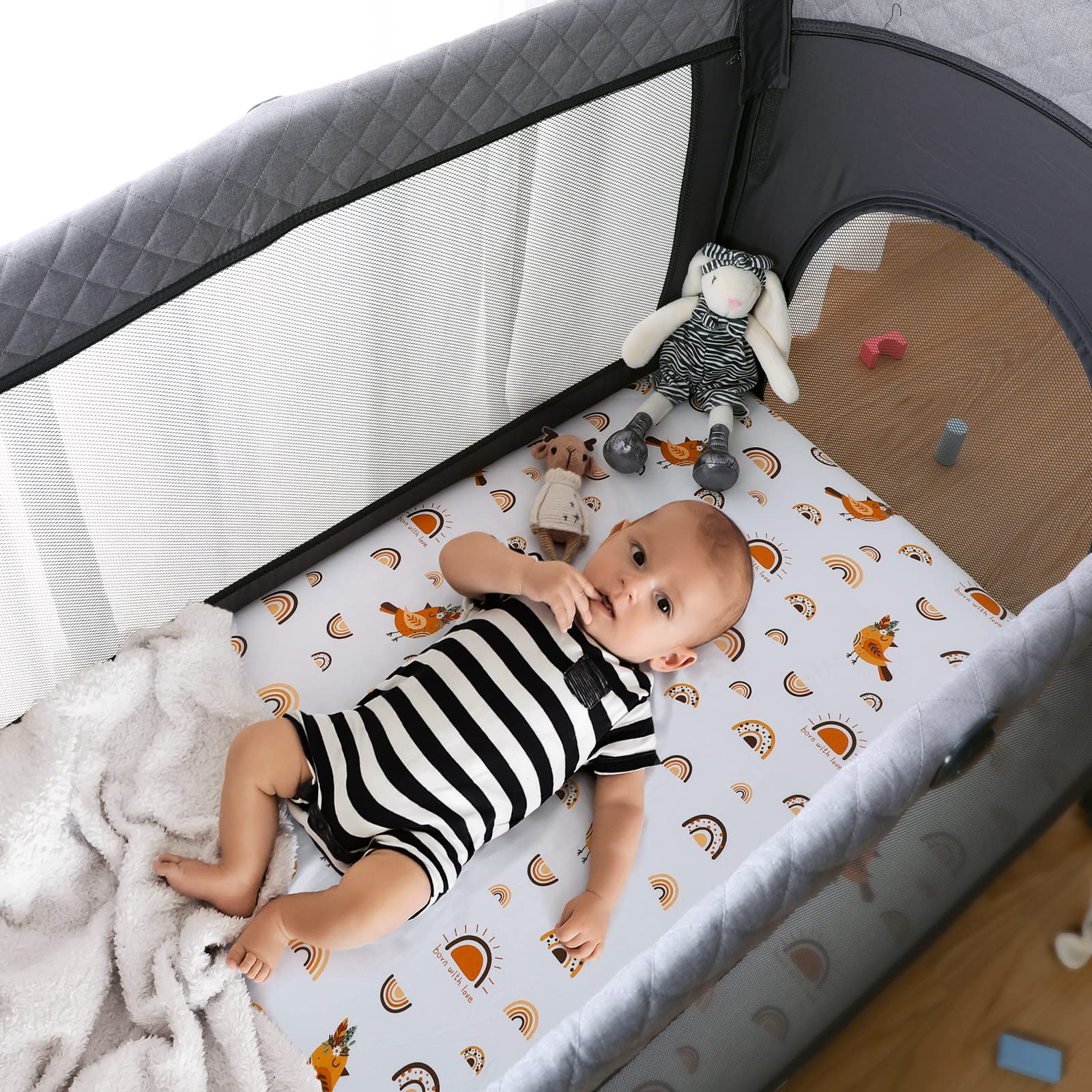besrey Pack N Play Sheets, Premium Stretch Fitted Portable Mini Cribs Playards Sheets, Ultra Soft Breathable Jersey Knit Cotton Blend, 2 Pack with Storage Bag for Baby Girl& Boy(Boho Rainbow Birds)