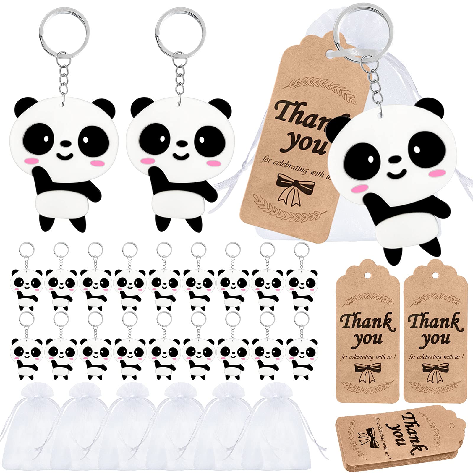 Elecrainbow 72 Pack Cute Panda Bear Party Favors Include 24 Keychains + 24 Thank You Tags + 24 Goodie Bags for Panda Keychain Return Gift, Pandas Lovers, Like a Panda Party, Animal-Themed Birthday