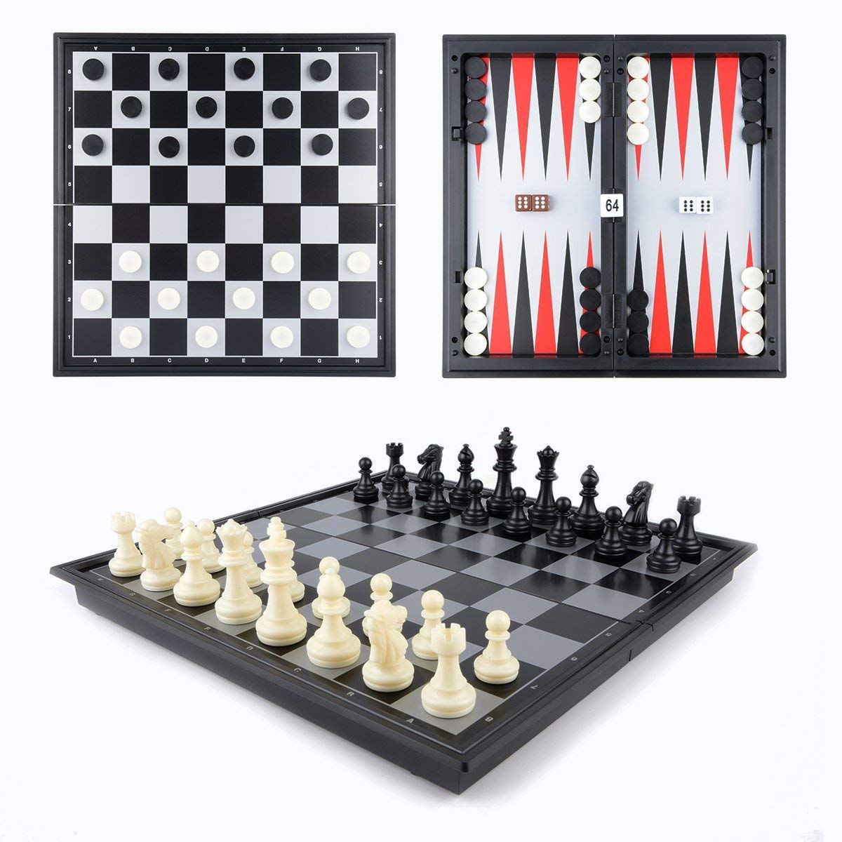 JIMIYOKI 3 in 1 Game Set -Chess Checkers Backgammon Pieces Travel Chess Set Magnetic Foldable Chess Set Portable Board Game for Tour for Kids and Adults