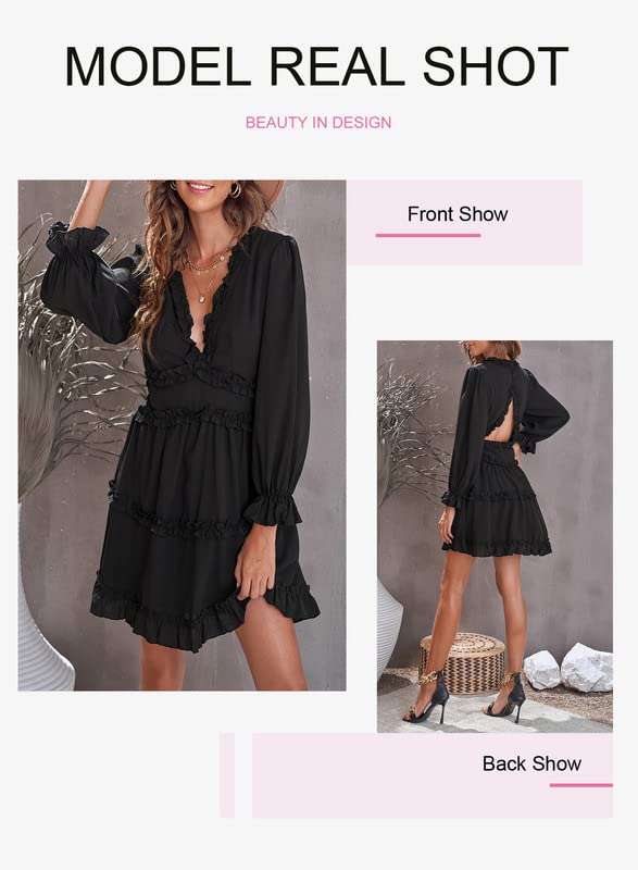 Dokotoo Womens Cute Spring Summer Casual Sexy Deep V Neck Ruffle Chiffon Lantern Long Sleeve Elegant Boho Hawaiian Flowy Mini Short Skirt Dresses for Women Party 2023 Black Small