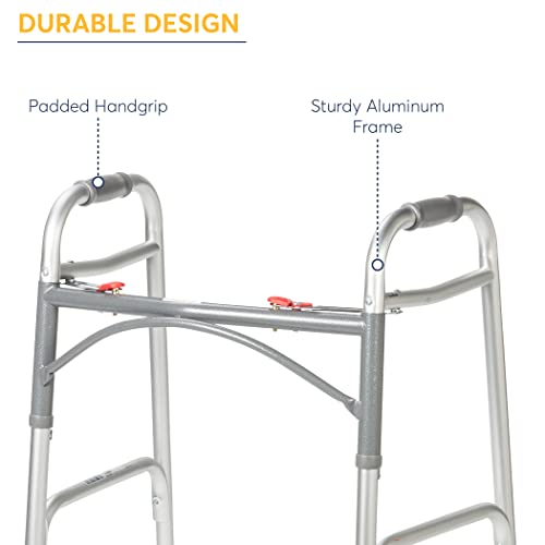 Drive Medical 10210-1 2-Button Folding Walker with Wheels, Rolling Walker, Front Wheel Walker, Lightweight Walkers for Seniors and Adults Weighing Up To 350 Pounds, Adjustable Height, Silver
