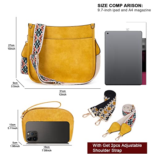 HKCLUF Crossbody Bag Purse for Women Set Leather Hobo Handbag Purse and Wallet Set With 2PCS Adjustable Guitar Leopard Strap Crossbody Bag(Yellow)