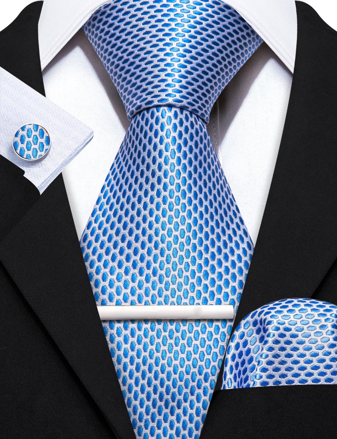 Barry.Wang Designer Blue Ties for Men Handkerchief Cufflink and Tie Clip Necktie Set Fashion