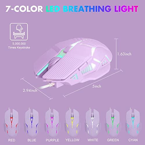 Gaming Keyboard and Mouse Purple Keyboard with White Backlit,CHONCNHOW 87keys LED Keyboard and Mic 3600DPI Wired 19-Keys No Conflict for Windows/Mac/Games(PurpleI,lluminated Key)