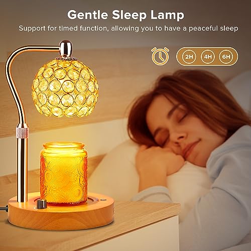 Candle Warmer Lamp with Timer 2H/4H/6H, Height & Heat Adjustable Lamp Candle Warmer, Electric Candle Warmer with Oak Base and 2 * 50W Bulbs, Wax Warmer for Scented Wax(Champagne)