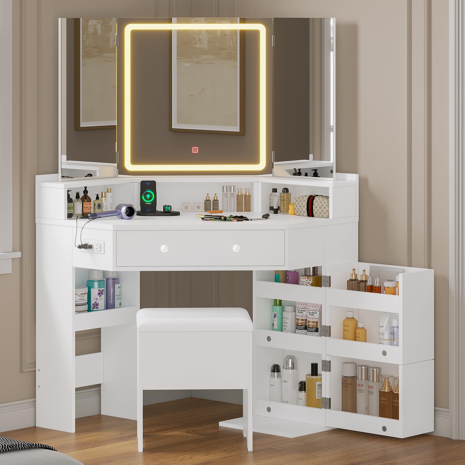 BTHFST Corner Vanity with Tri-Fold Mirror & Cushioned Storage Stool, Makeup Vanity with Charging Station, Vanity Desk with Mirror and Lights, Makeup Table with Drawers, Shelves, Black