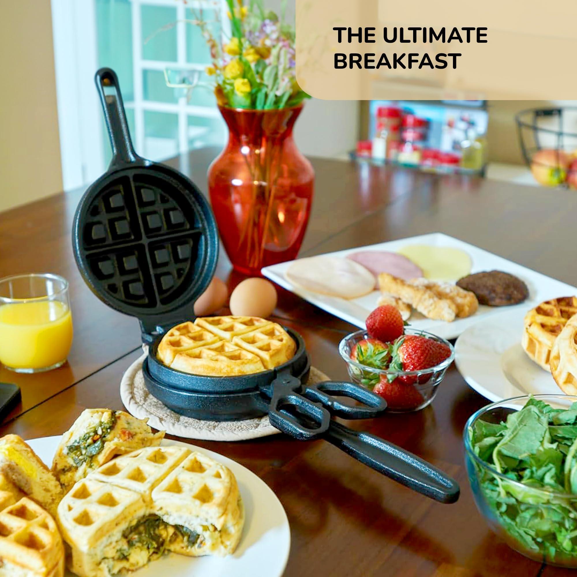Cast Iron Stuffed Waffle Iron - Pre-Seasoned, 5" Dia, 2" Thick Round - Non-Stick Belgian Waffle Maker w/Heat-Resistant Handles β Classic Waffle Maker Compatible w/Gas, Electric, Induction & More
