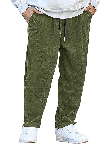 COOFANDY Men Corduroy Pants Drawstring Waist Loose Casual Long Trousers with Pockets, ArmyGreen, XL