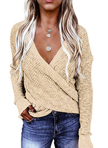 Dokotoo Womens Sweaters Winter Fall Cute Deep V Neck Wrap Chunky Cable Knit Short Fuzzy Pullover Crop Sweater Long Sleeve Jumper Tops Soft Comfy Apricot Large