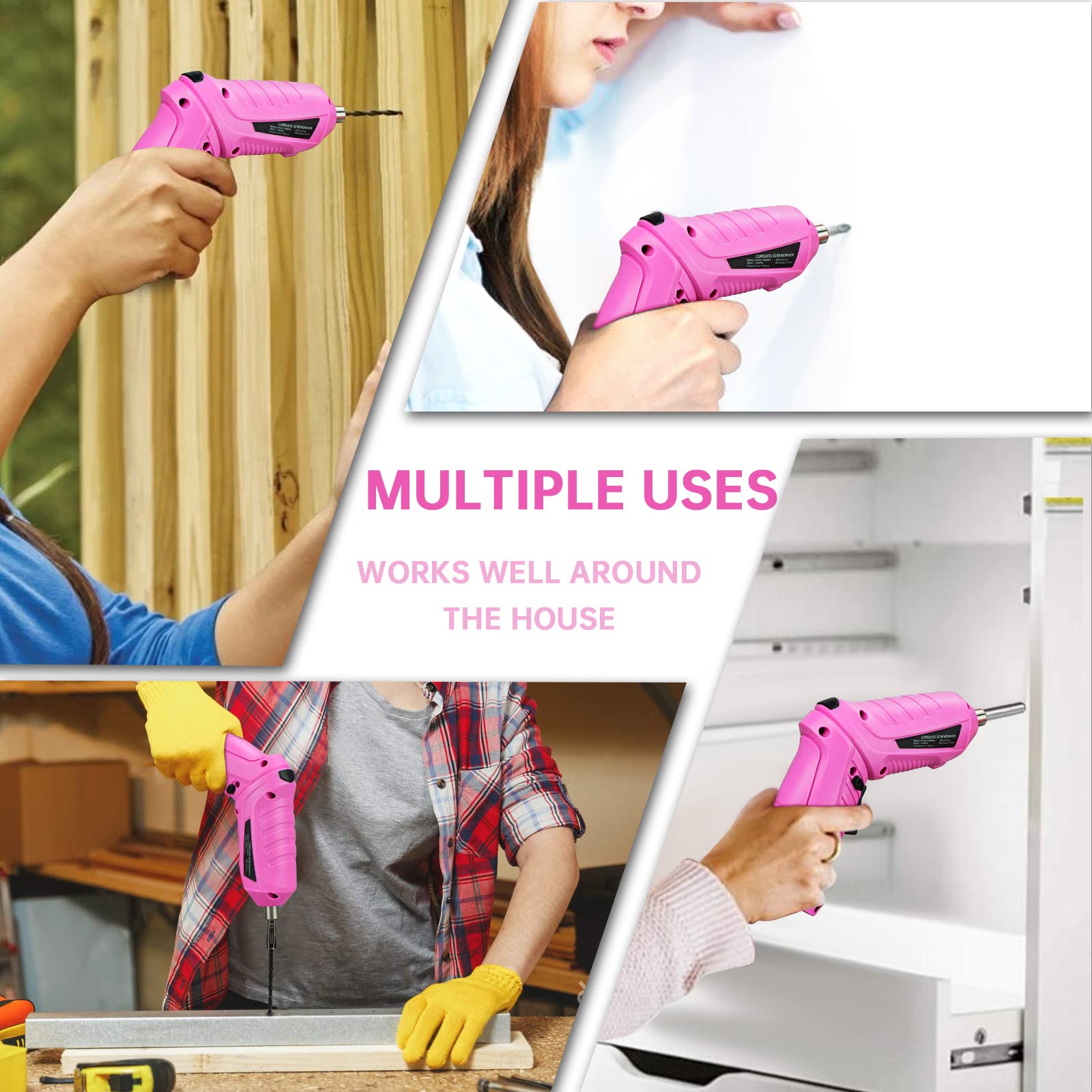 Pink Cordless Screwdriver Set with Rechargeable Battery and Charger, Rotating Handle, LED Light, 47PCS Drill/Driver Accessories, Lightweight and Portable Electric Screwdriver for Women