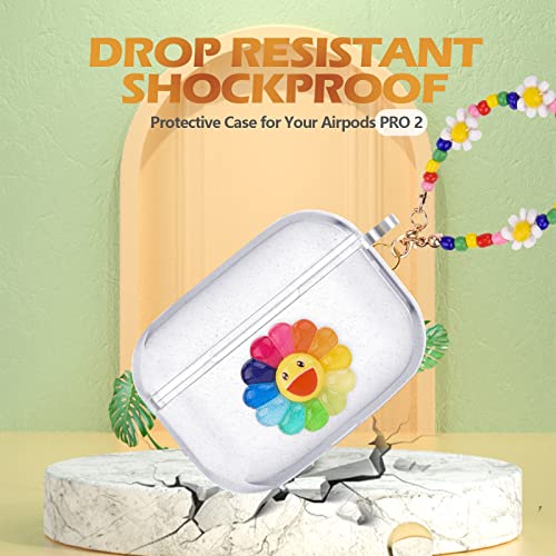 Cute AirPod Pro 2 Case Smile Sun Flower Bracelet Design Soft Silicone Clear Glitter Protective Cover Compatible with Airpods Pro 2nd Generation 2022 Case