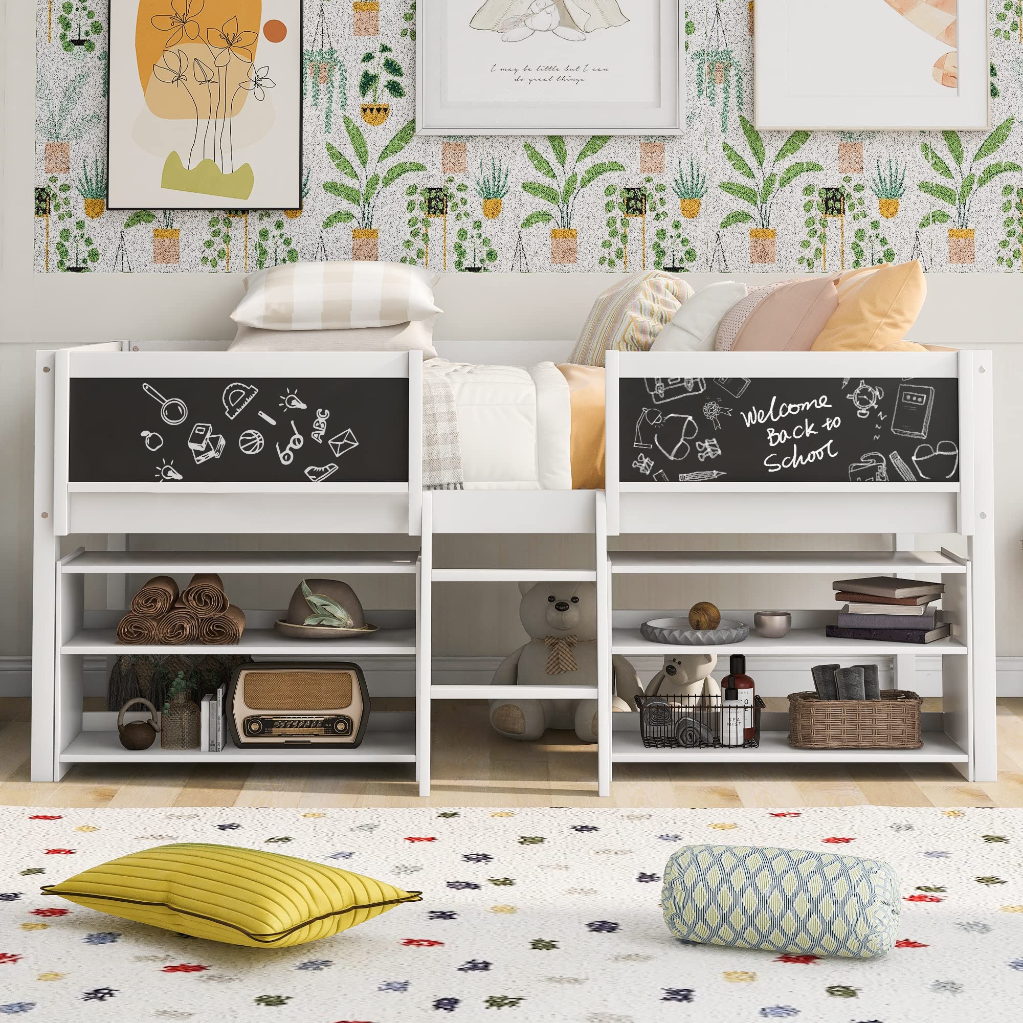 Harper & Bright Designs Kids Low Loft Bed with 2 Movable Storage Shelves, Twin Loft Bed Frame with Chalkboard and Ladder, Multifunctional Loft Bed for Kids Boys&Girls No Box Spring Needed (White)