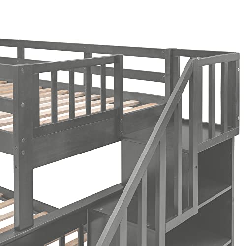 Harper & Bright Designs Twin Over Full Bunk Bed with Storage Drawer, Wood Bunk Beds with Stairway, Storage Shelf and Full-Length Guard Rail, Kids bunk Bed Twin Over Full, No Box Spring Needed (Gray)