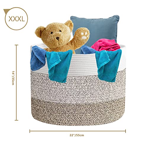 Large Woven Cotton Rope Basket - 22" x22"x 14", Baby Laundry Basket, Blanket Basket, Storage Baskets, Home Organizing Bins and Nursery Decor with Handle for Blankets, Toys, Clothes(White & Brown)
