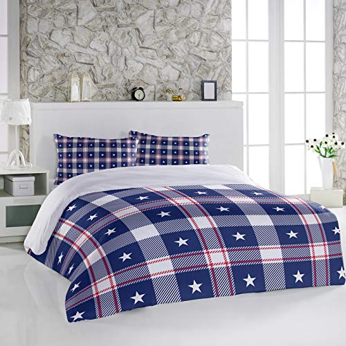 Duvet Cover Sets Independence Day Red White Blue Tartan,3 Pieces Bedding Set Ultra Soft Microfiber Quilt Covers and Pillowcase for Bedroom,USA Flag Star and Stripe Bed Set All Seasons Use