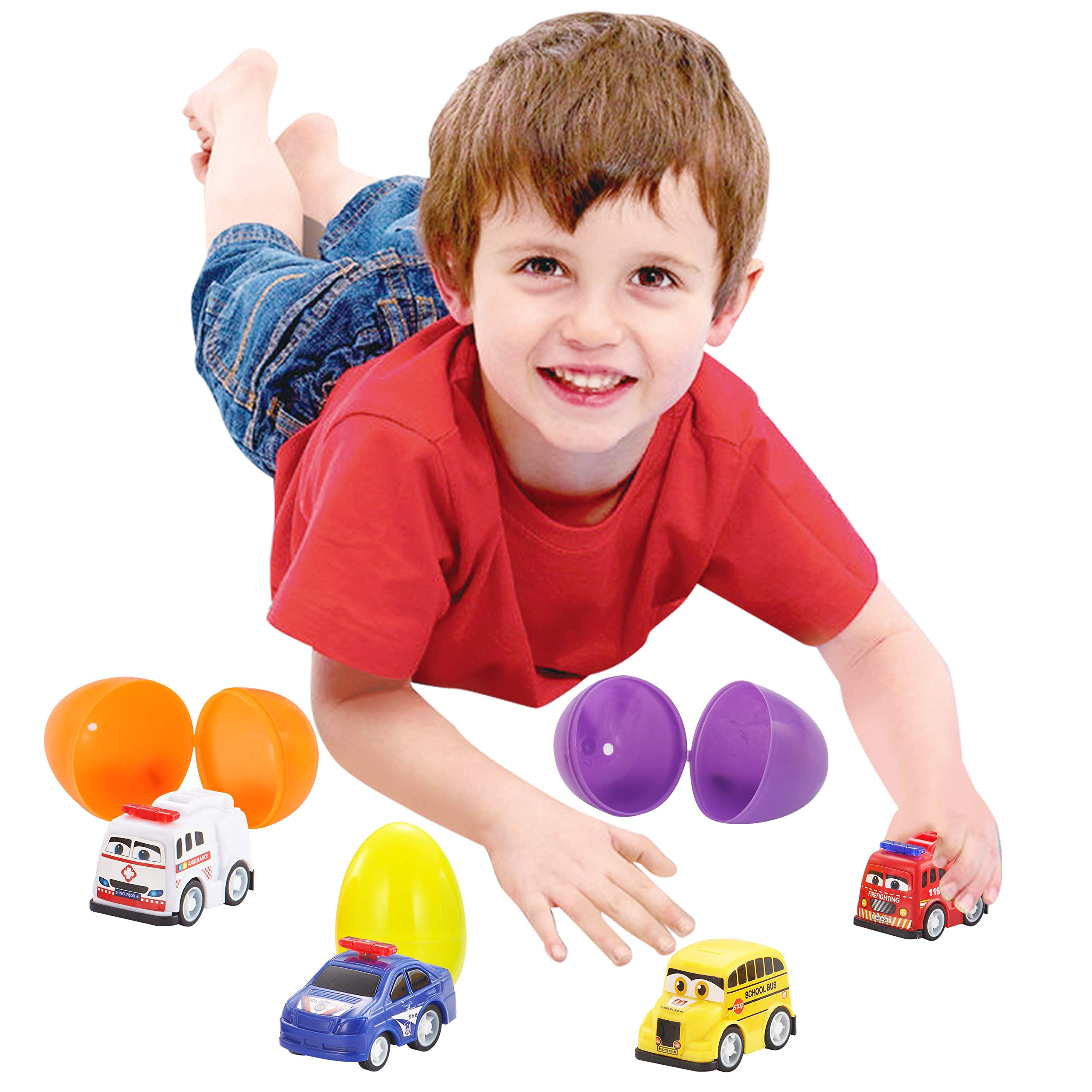 JOYIN 24 Pcs Mini Pull Back City Cars Prefilled Easter Eggs with Vehicle Toys for Kids Boys Eggs Hunt, Easter Basket Stuffers/Fillers, Party Favors, Classroom Prize Supplies