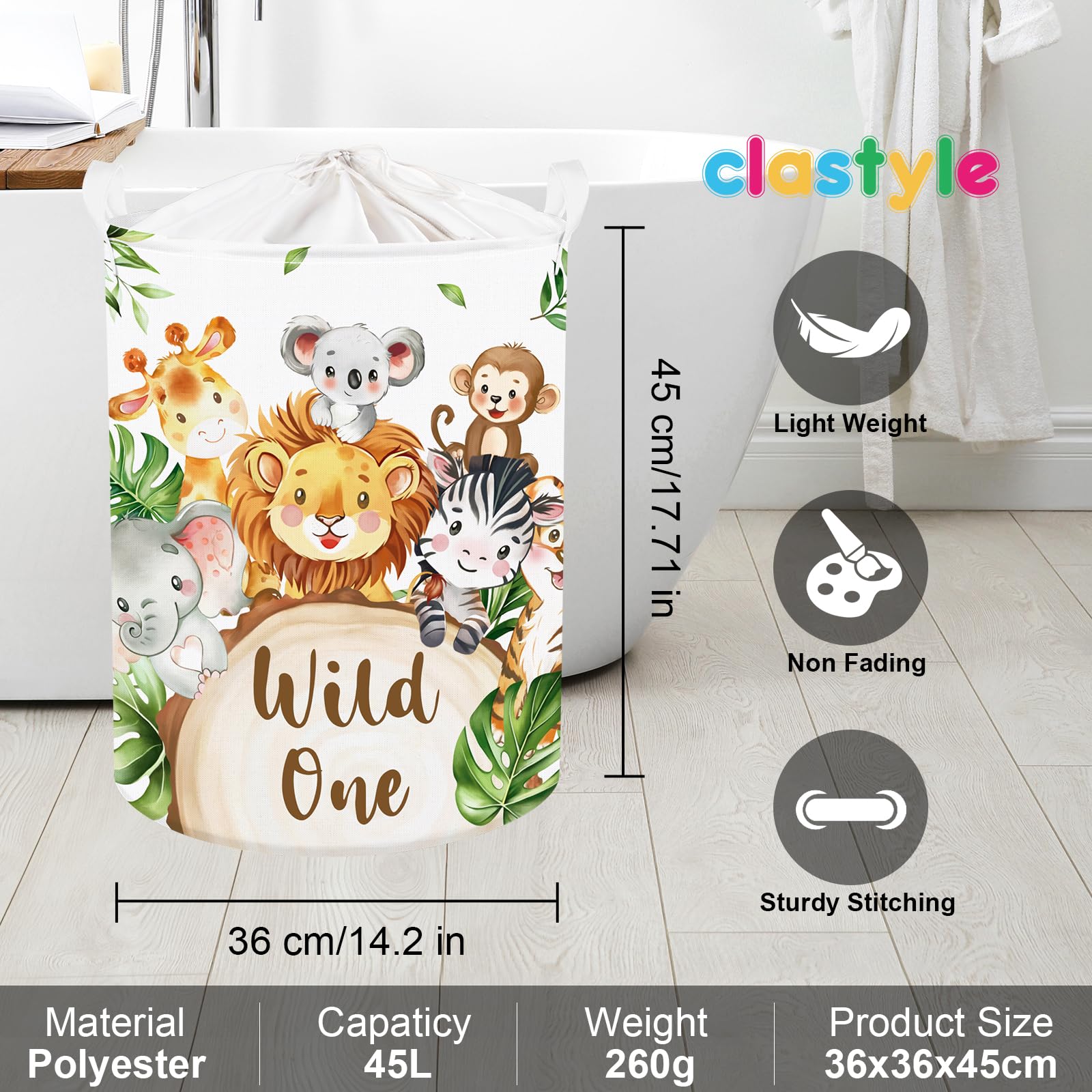 Clastyle 45L Large White Jungle Animals Elephant Kid Laundry Hamper with Handle Collapsible Lion Koala Giraffe Clothes Toy Storage Basket with Lid for Nursery