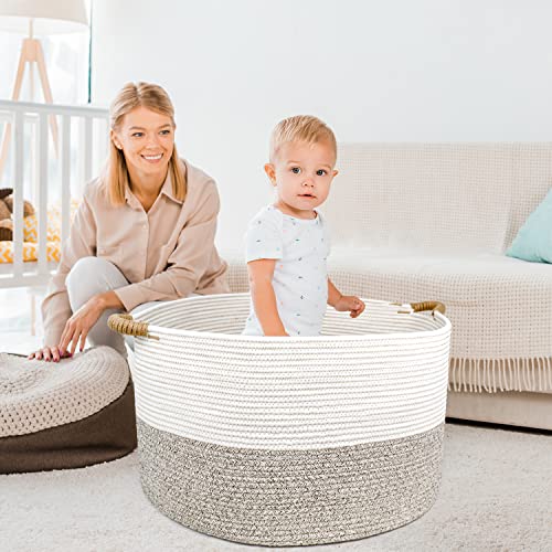 Large Woven Nursery Basket 21.7" x 13.8" Rope Woven Bins with Handles for Baby Cloth Toys Book Storage, Sturdy Decorative Storage Baskets for Organization, Living Room Bathroom Bedroom