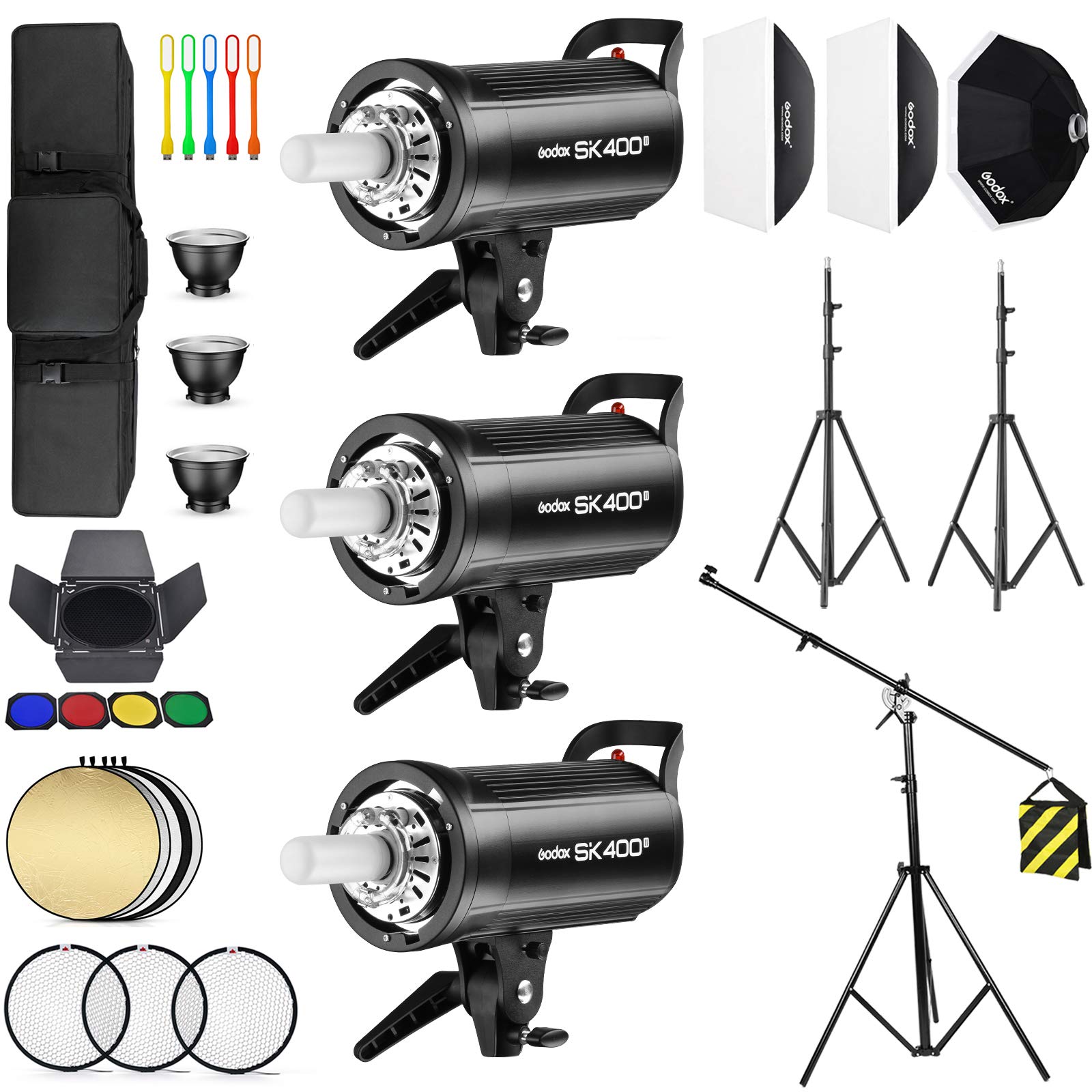 Godox 3 Pack SK400II 1200Ws 2.4G Speedlite Studio Flash Strobe Monolight Bowens Mount Kit for Studio Shooting, Location and Portrait Photography with Softbox, Light Stand, Barn Door Kit, Carrying Case