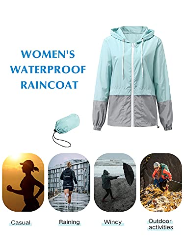 Century Star Plus Size Rain Jackets for Women Waterproof Windbreaker Lightweight Packable Rain Coats with Hood Mint Green Grey 3X-Large