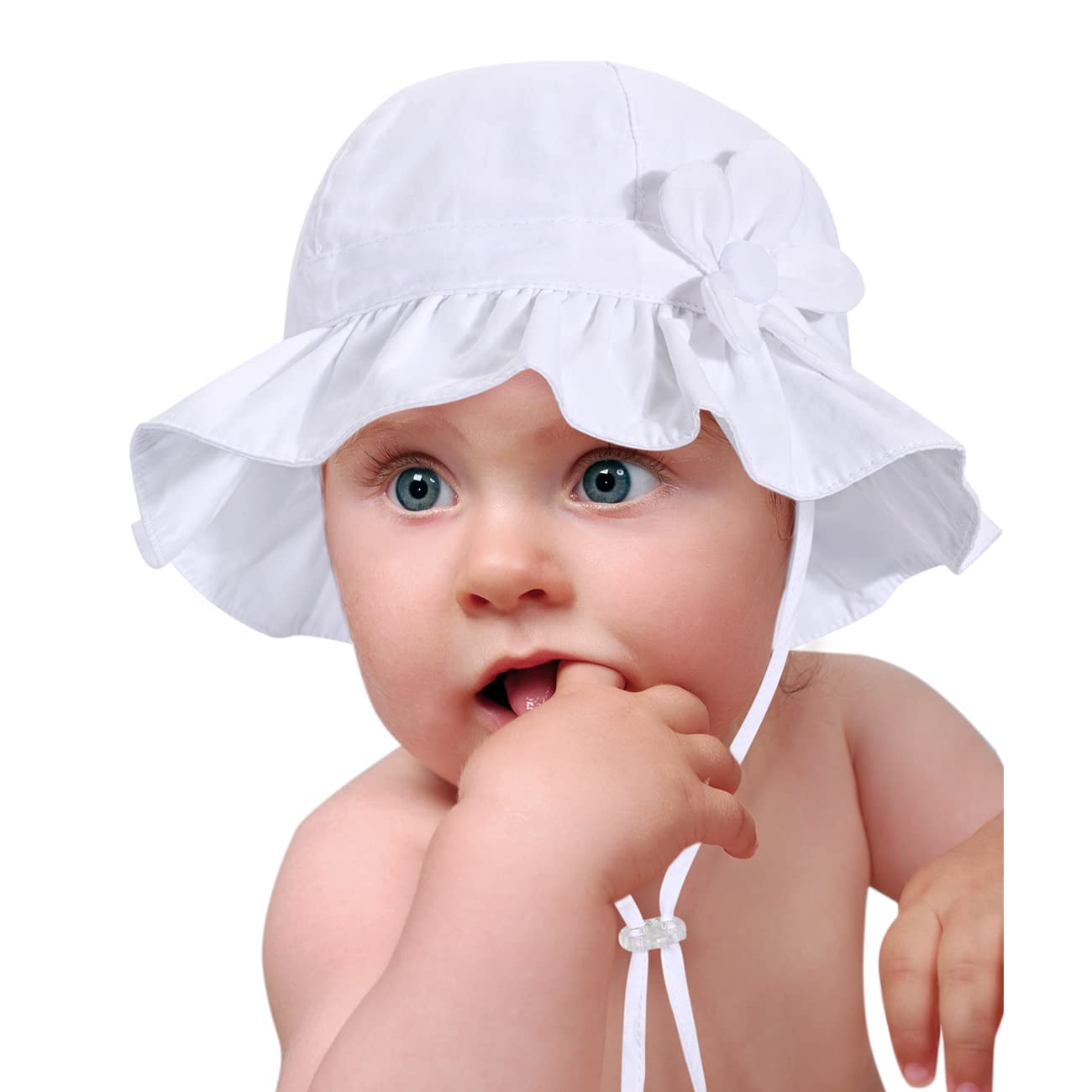 Baby Girl Wide Brim Bucket Hats with UPF 50+ Outdoor Adjustable Beach Hat with Sun Hat(0-6 Months,White-Petal)