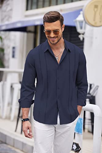 COOFANDY Men's Cuban Guayabera Shirts Casual Long Sleeve Button Down Shirt Summer Beach Tops Navy Blue