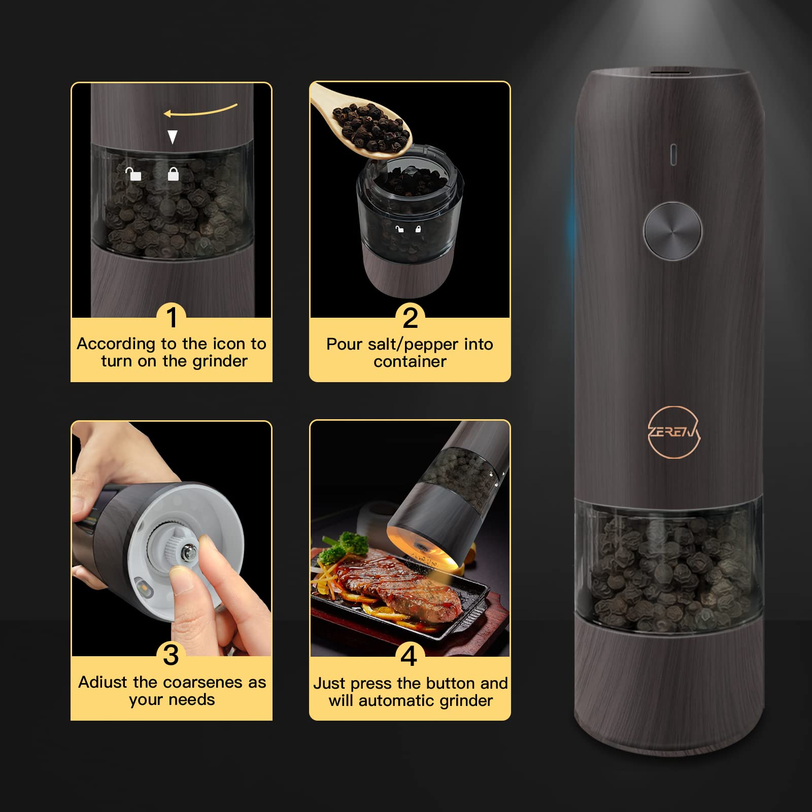 Electric Salt and Pepper Grinder Set - Rechargeable USB Cable, LED Lights, Automatic Pepper and Salt Mill Grinder Set Refillable, Adjustable Coarseness, One Hand Operation (Black Brown 2 Pack)