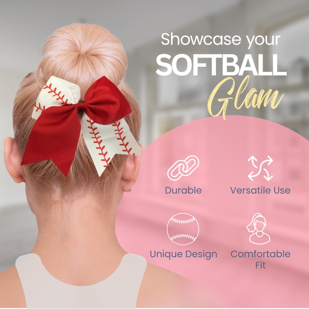 Sportybella - Baseball Stitch Hair Accessories for Girls - Red and White Softball Print Hair Bows, Ponytail Holders Gift Set - 6.5"