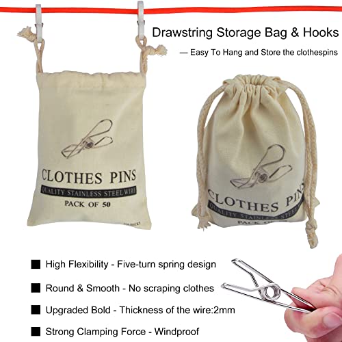 Clothespins Laundry Chip Clips - 100 Pack Bulk Durable Stainless Steel Clothes Pins,Heavy Duty Clamp Metal Wire Clothes Pegs with One Storage Bag & 2 Hooks,for Outdoor Clothesline Home Kitchen Office