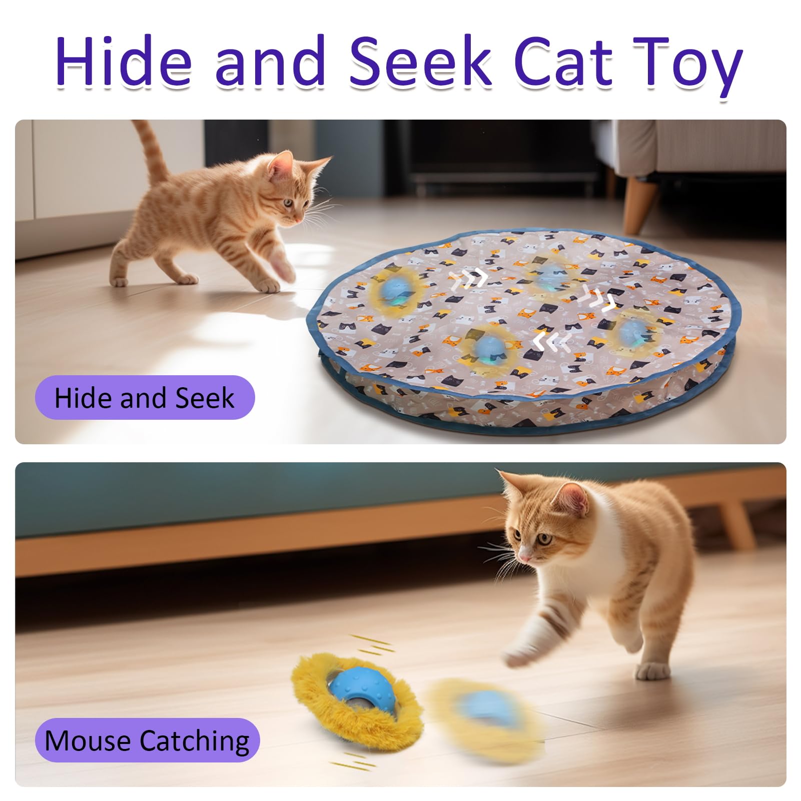 Giociv Interactive Cat Toys Ball Fast Rolling in Pouch, Motion Activate Chirping Cat Toy Hide and Seek Mouse Catching Game (Blue)