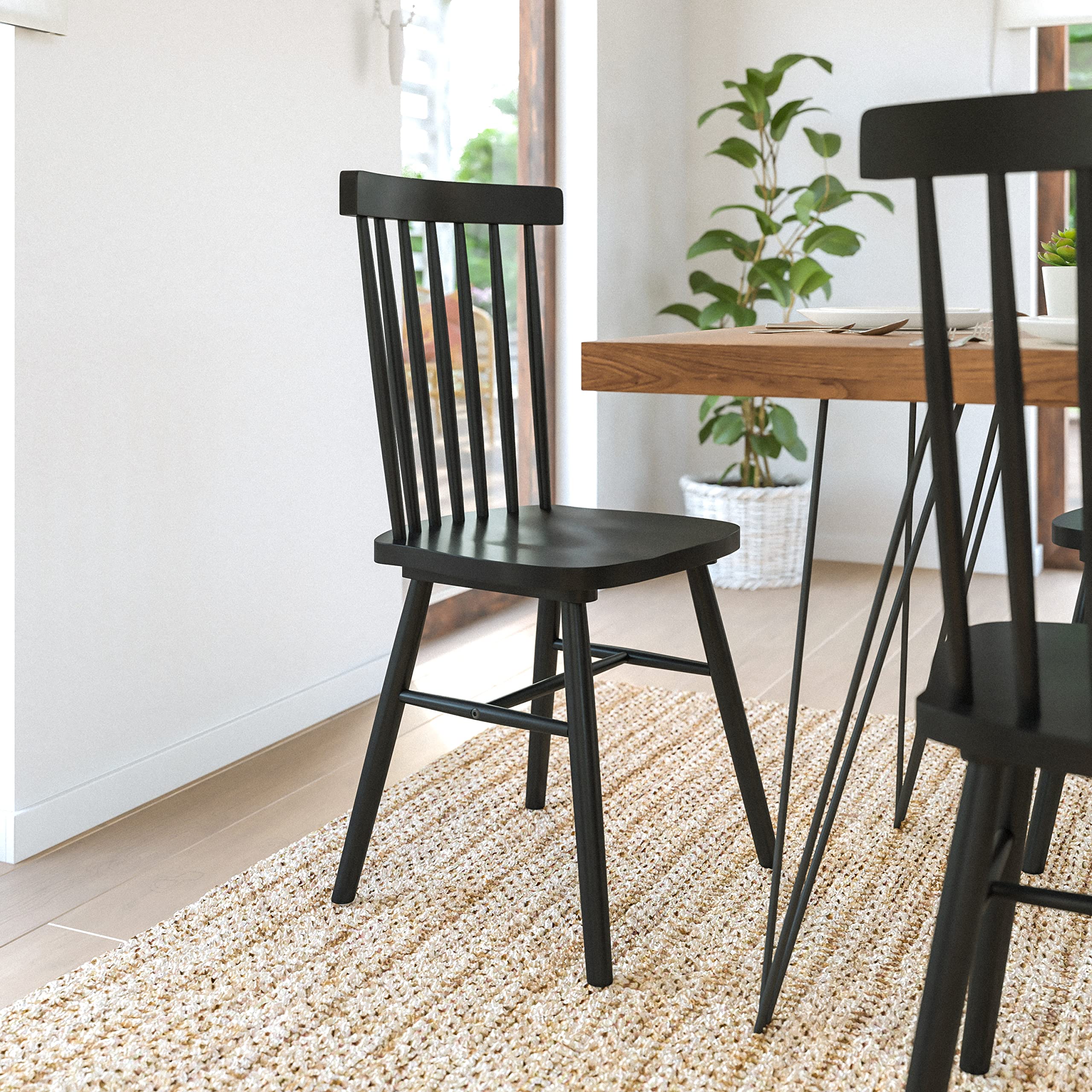 Flash Furniture Ingrid Commercial Grade Windsor Dining Chairs - Black Solid Wood Spindle Back Chairs - Armless Kitchen or Dining Room Chairs - No Assembly Required