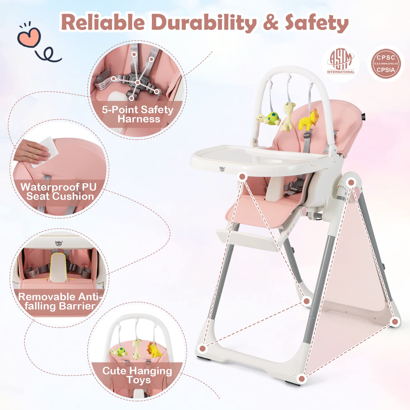 BABY JOY Baby High Chair, Foldable Highchair w/Toy Bar, 7 Heights, 4 Reclining Angles, Adjustable Footrest, Removable Double Tray, PU Cushion & Lockable Wheels for Babies Toddlers, 6-36 Months (Pink)