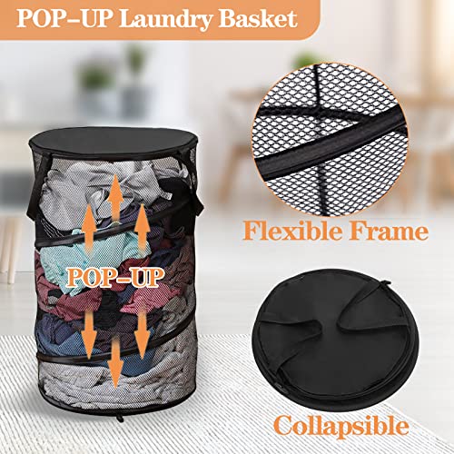 Collapsible Round Popup Laundry Hamper with Lid 2PCS Set, White & Black Foldable Mesh Laundry Basket with Reinforced Carry Handles Solid Bottom, Large Double Clothes Hamper for College Dorm Travel