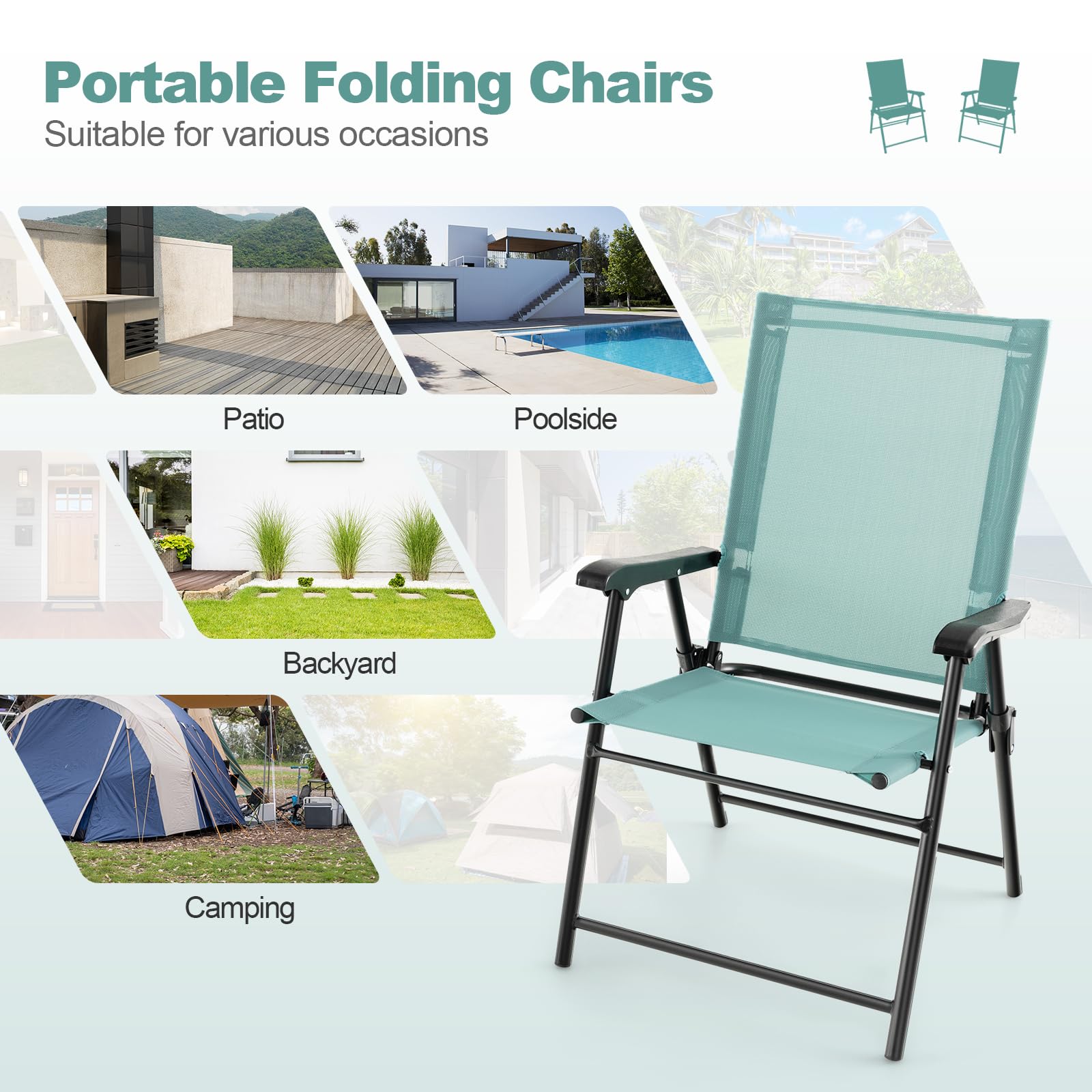 Tangkula Patio Folding Chairs Set of 2, Outdoor Sling Chairs with Breathable Fabric Back & Seat, Portable Dining Camping Chairs for Poolside, Yard, Garden, Deck, Lawn, Beach (Mint Green)