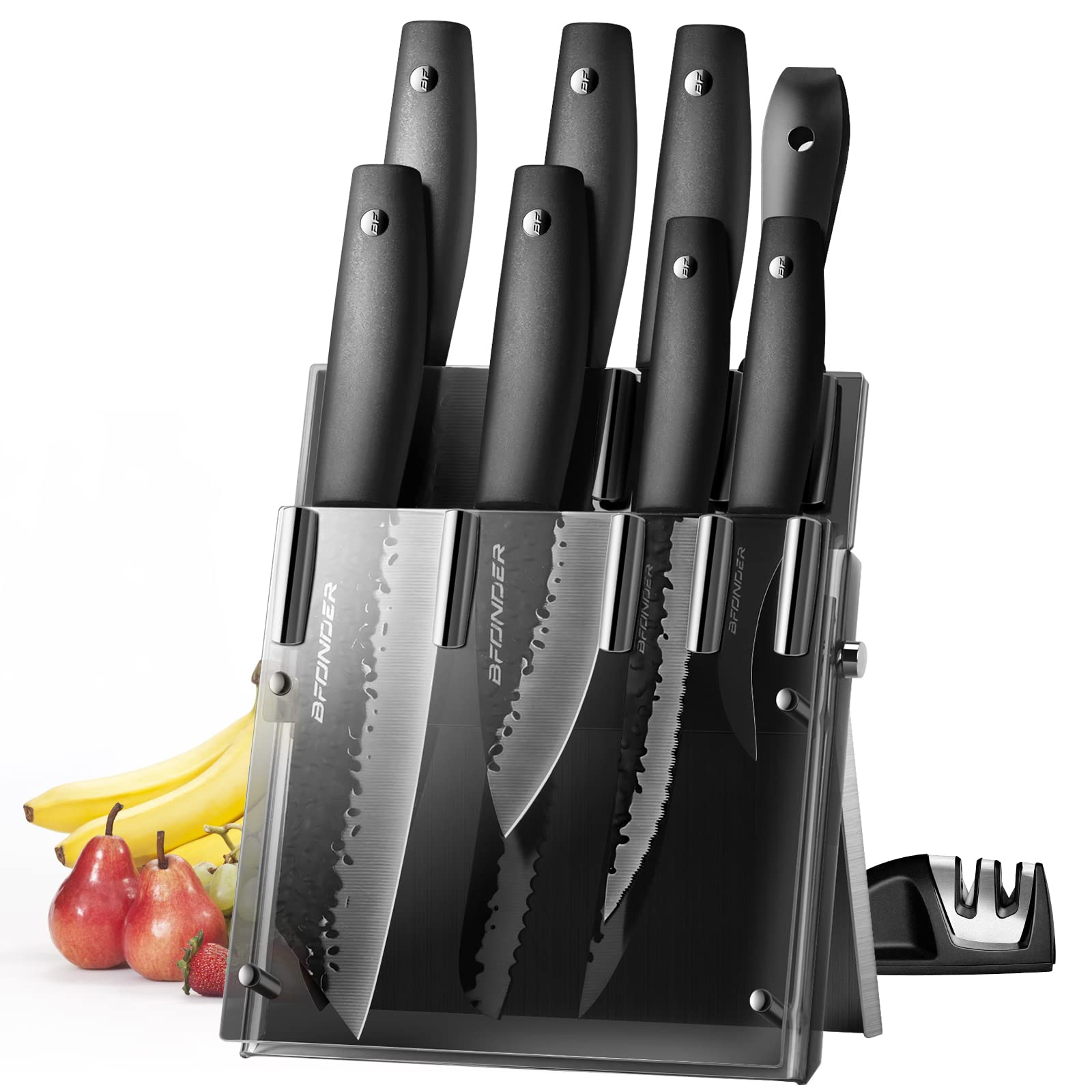 Bfonder 11pcs Kitchen Knife Set Knife Block Set with Sharpener Black, Japanese Knife Set with Block Stainless Steel Knives with Stylish Modern Acrylic Stand