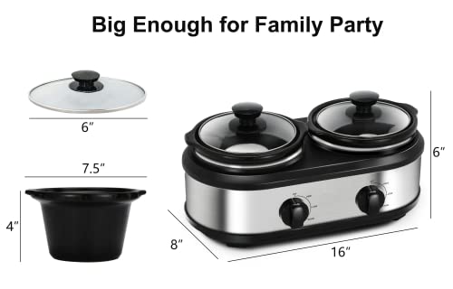 Dual Slow Cooker, Buffet Servers and Warmers with 2 X 1.25Qt, Tempered glass lids and Lid Rests, 3 Adjustable Temp, Stainless Steel