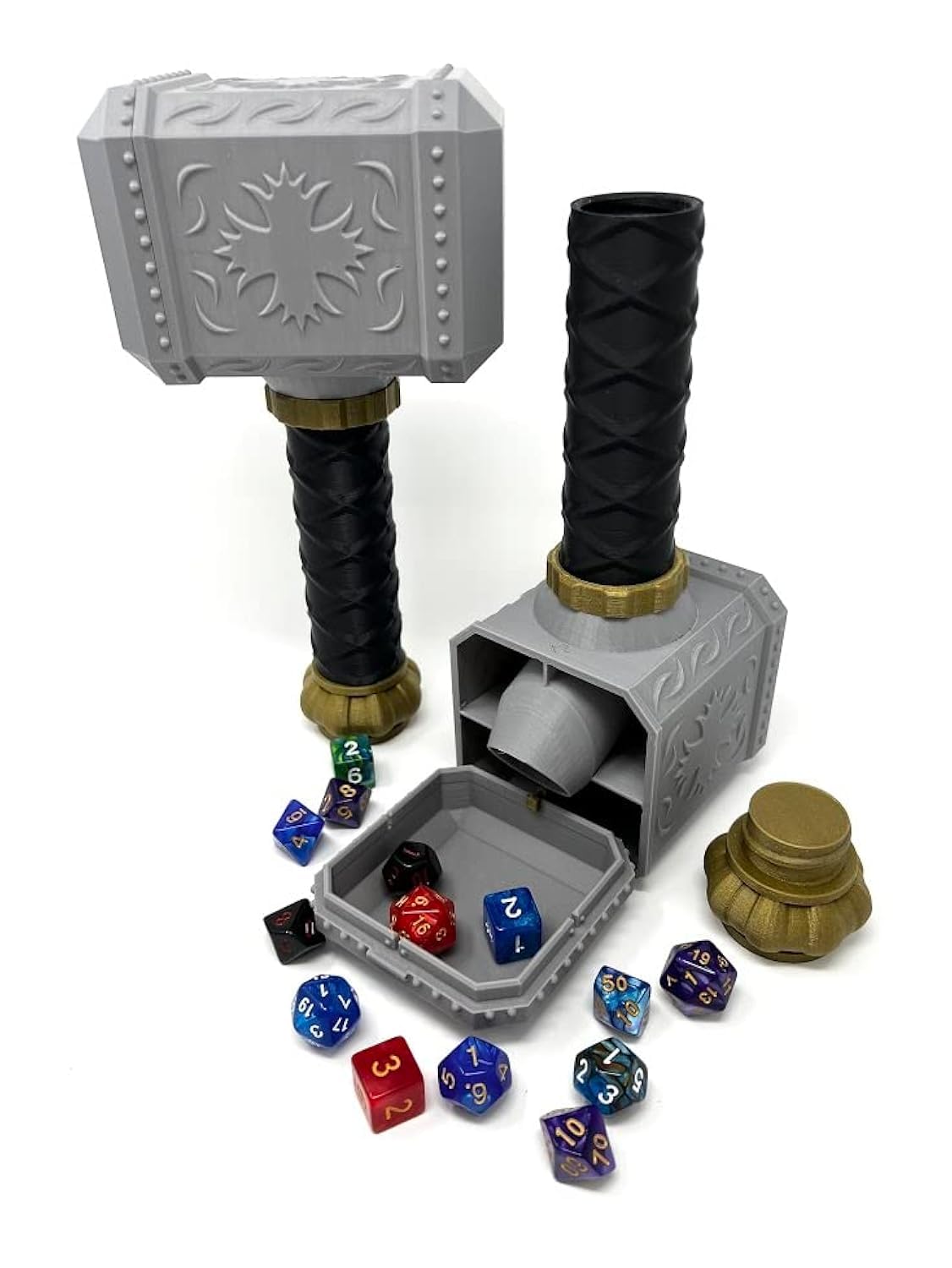 MunnyGrubbers - Hammer Dice Tower - (Random 7PCS D20 Dice Set Included) - Dice Holder - Dice Roller - Tabletop RPG Accessory - Dungeons and Dragons - DND - D&D - (Silver)