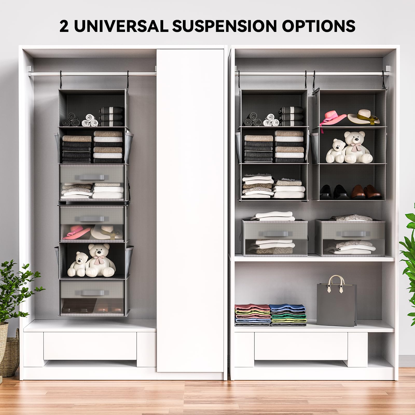 CHILIGO 6-Shelf Hanging Closet Organizer and Storage, Foldable Closet Hanging Organizer, Two 3-Shelf Separable Closet Hanging Shelves with 3 Transparent Drawers 4 Side Pockets