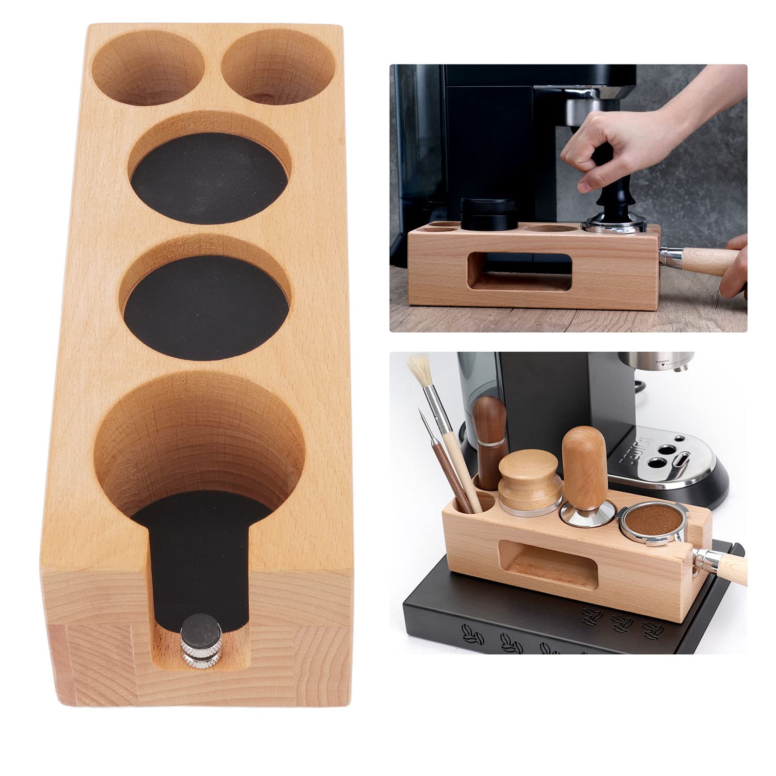 Coffee Tamper Holder, Wooden Non Slip Coffee Tamping Espresso Station for Cafe Home(L)