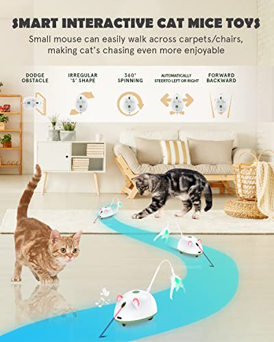 Bumfey 4-in-1 Automatic Cat Mice Toys for Indoor Cats, Interactive Electric Moving Cat Toys with Feather, LED Lights, Bird Sound, Laser, Smart Kitten Toys for Pet Exercise Playing