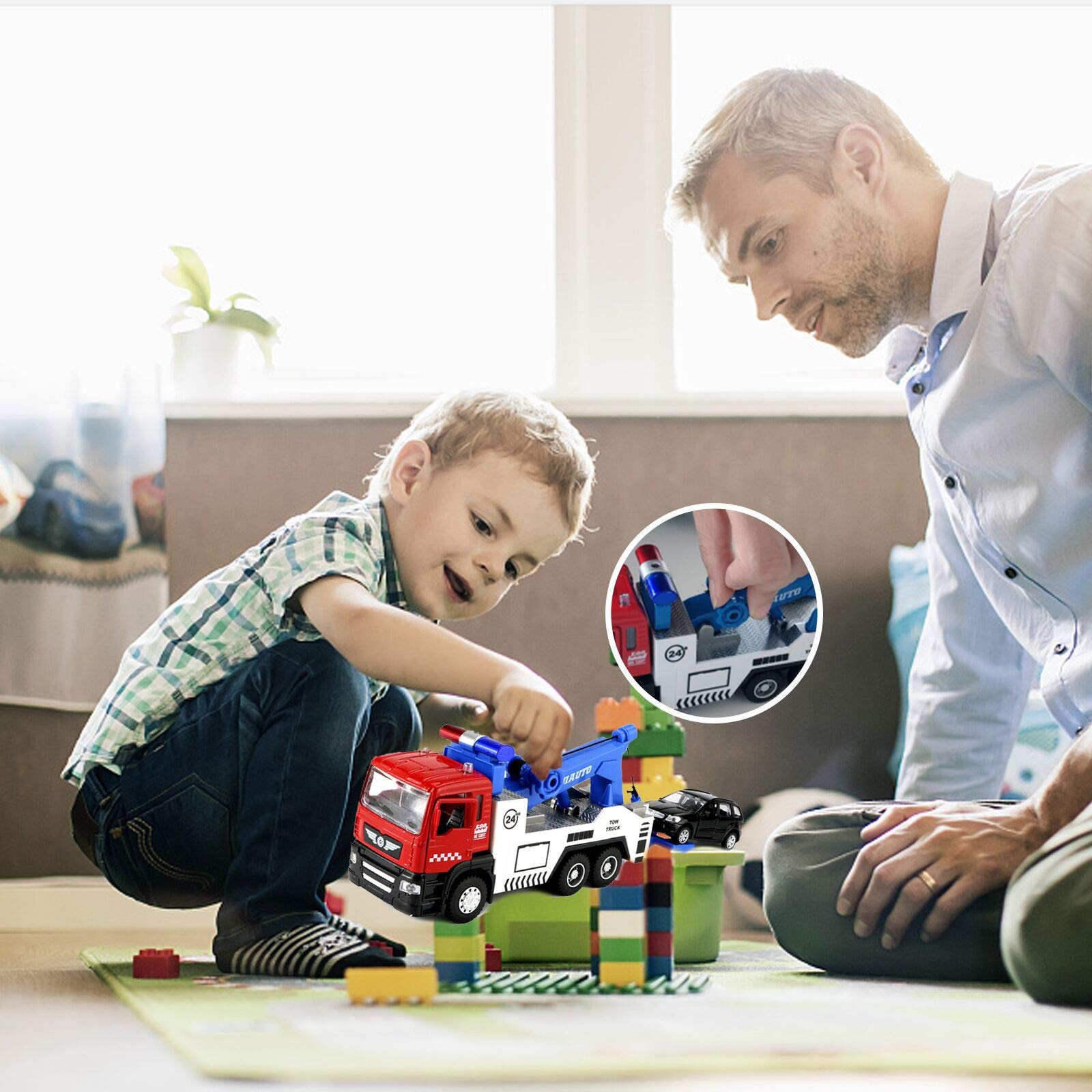JOYINUS Toy Tow Truck Metal Diecast Truck with Car Pull Back Miniature Toy Trucks with Sound and Light for Boys(with 5 Pcs Traffic Signs)