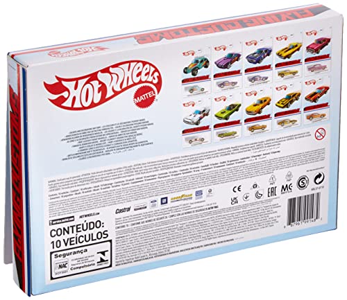 Hot Wheels Flying Customs 10-Pack of 1:64 Scale Throwback Vehicles with Retro-Style Package, Gift for Collectors & Kids 3 Years Old & Up