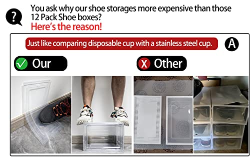 Drop Front Shoe Storage Box, Set of 6 Shoe Boxes Clear Plastic Stackable with Acrylic Lids, Shoe Organizer Containers for Closet, Shoe Case for Display Sneakers, Fit up to US Size 12 (XL, Clear)