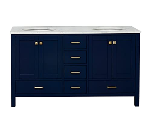 Kitchen Bath Collection Horizon 60-inch Double Bathroom Vanity (Engineered Carrara/Royal Blue): Includes Royal Blue Cabinet with Engineered Carrara Countertop and White Ceramic Sinks