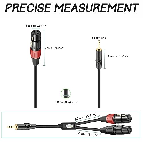 JOMLEY Dual XLR Female to 3.5mm Y-Splitter Cable, Unbalanced XLR Female to 1/8 Inch Mini Jack TRS Stereo Aux Interconnect Audio Mic Breakout Patch Cord - 2 Meter