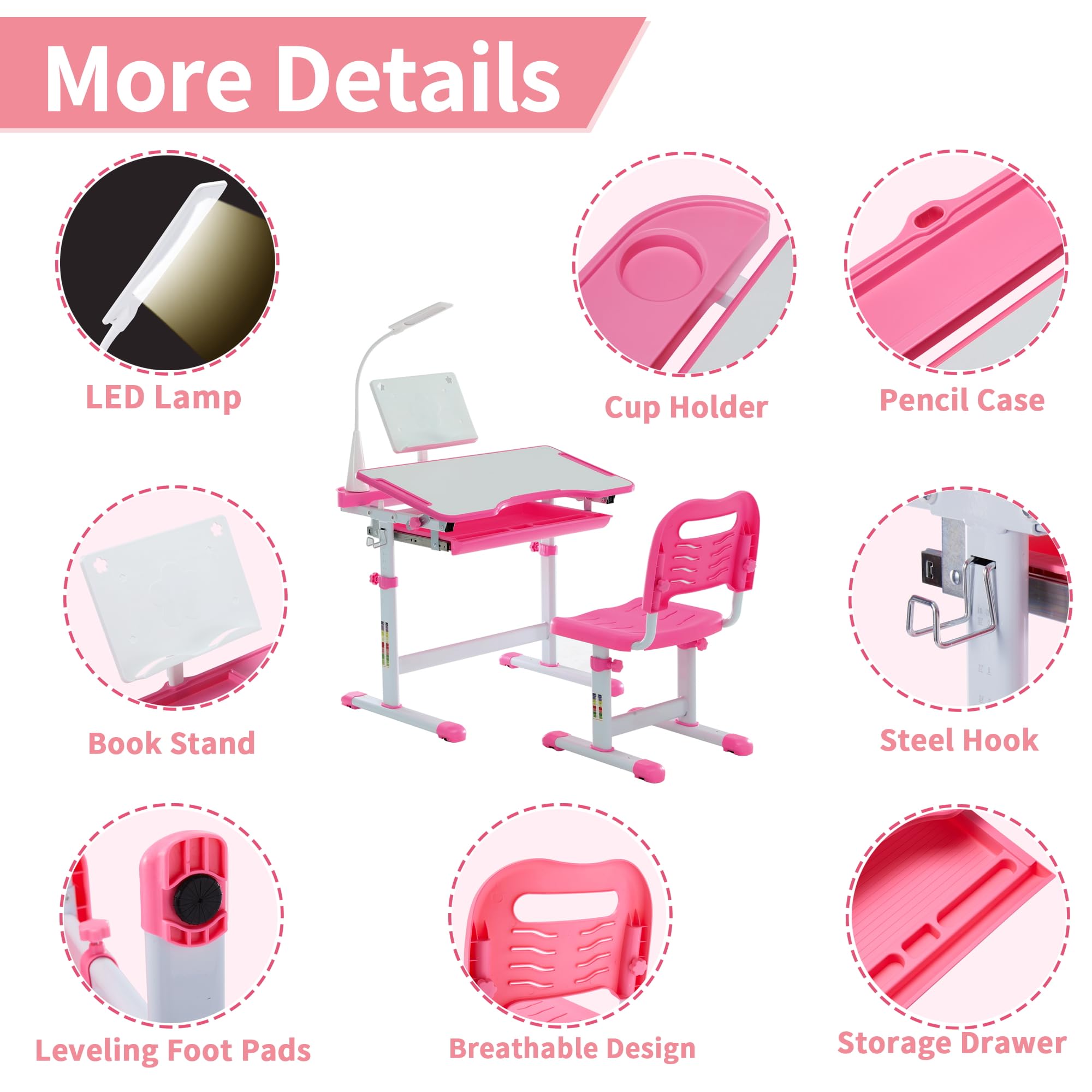 Gowxil Kids Study Desk and Chair Set, Multi Functional Height Adjustable Children School Study Desk with Tilt Desktop, Bookstand, LED Light, Metal Hook and Storage Drawer for Boys Girls, Pink