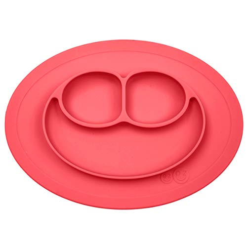 ez pz Mini Collection Set (Coral) - 100% Silicone Cup + Straw, Fork, Spoon & Mini Mat Suction Plate with Built-in Placemat for Infants + Toddlers - First Foods + Self-Feeding - 12 Months+