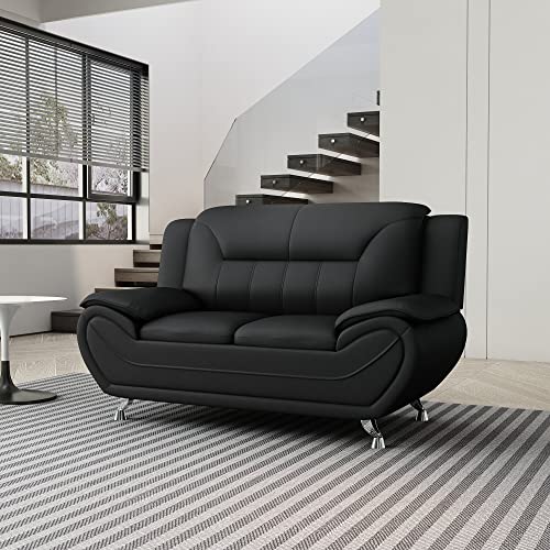 Container Furniture Direct Michael Modern Faux Leather Upholstered Stainless Steel Legs Living Room Loveseat, Black