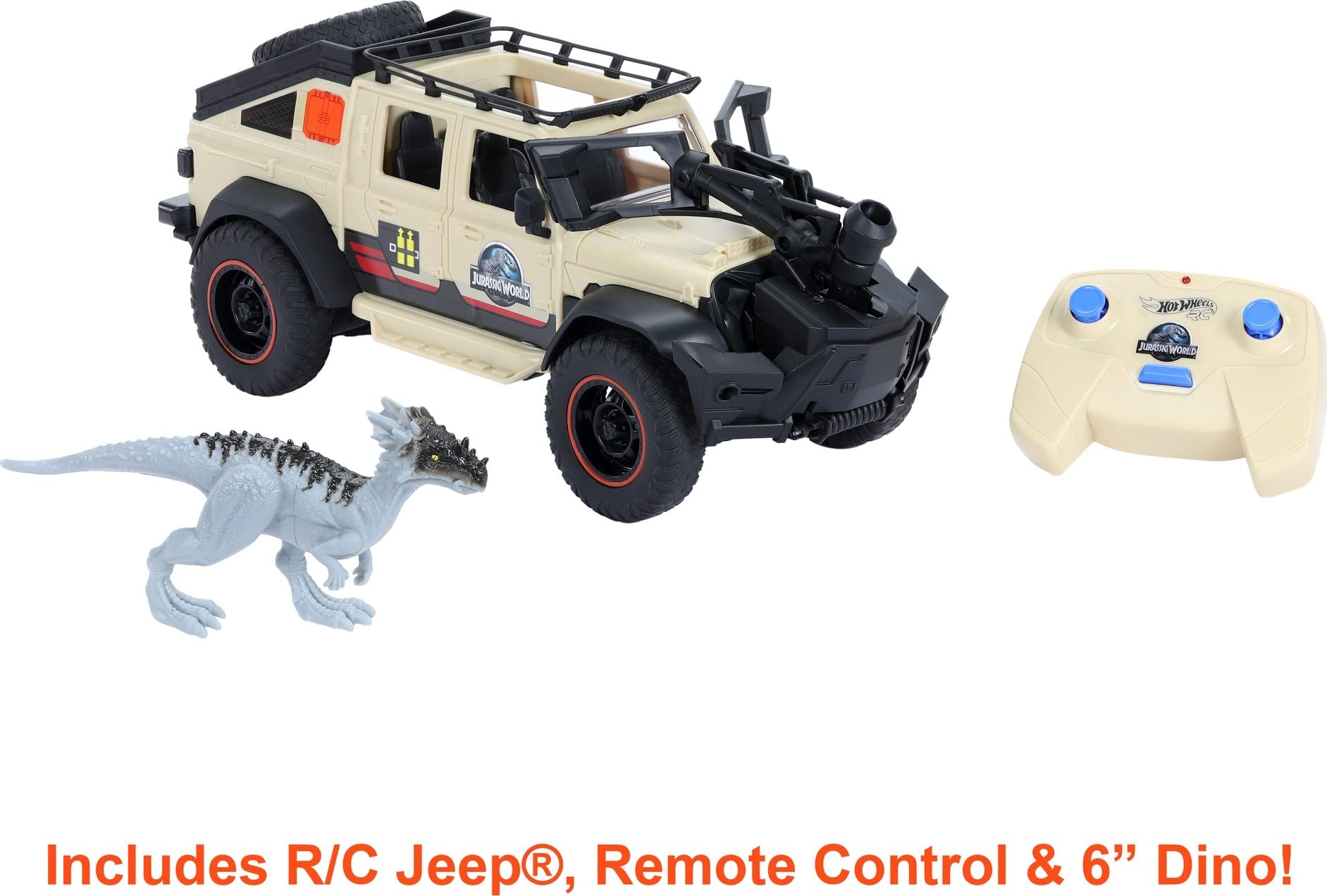 Hot Wheels Matchbox RC Jurassic World Dominion Jeep Gladiator, 6-inch Dracorex Dinosaur Figure, Remote-Control Toy Car with Auto-Capture Claw